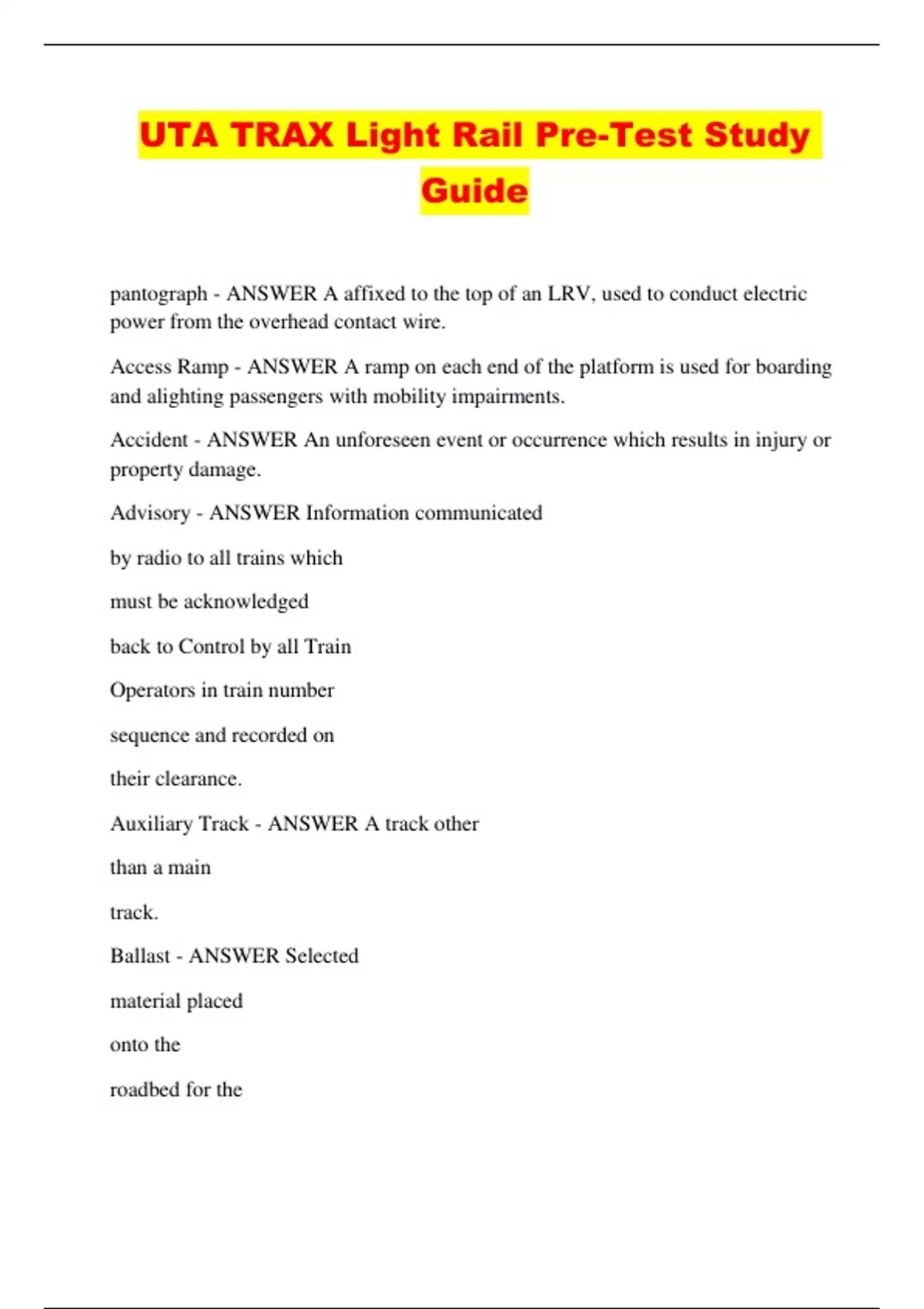 UTA TRAX Light Rail Pre-Test Study Guide - UTA TRAX Light Rail - Stuvia US