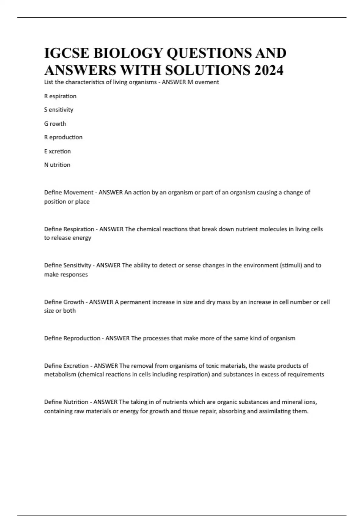 IGCSE BIOLOGY QUESTIONS AND ANSWERS WITH SOLUTIONS 2024 - Biology - Stuvia US