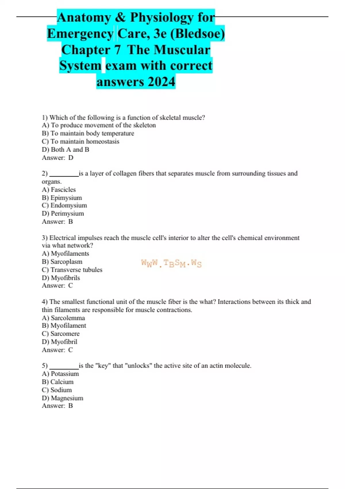 Anatomy & Physiology for Emergency Care, 3e (Bledsoe) Chapter 7 The ...