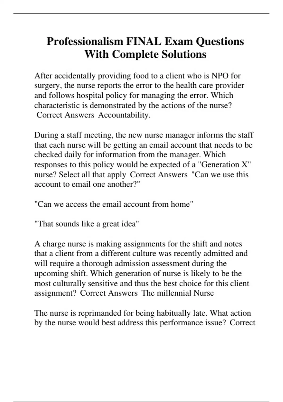 Professionalism FINAL Exam Questions With Complete Solutions ...