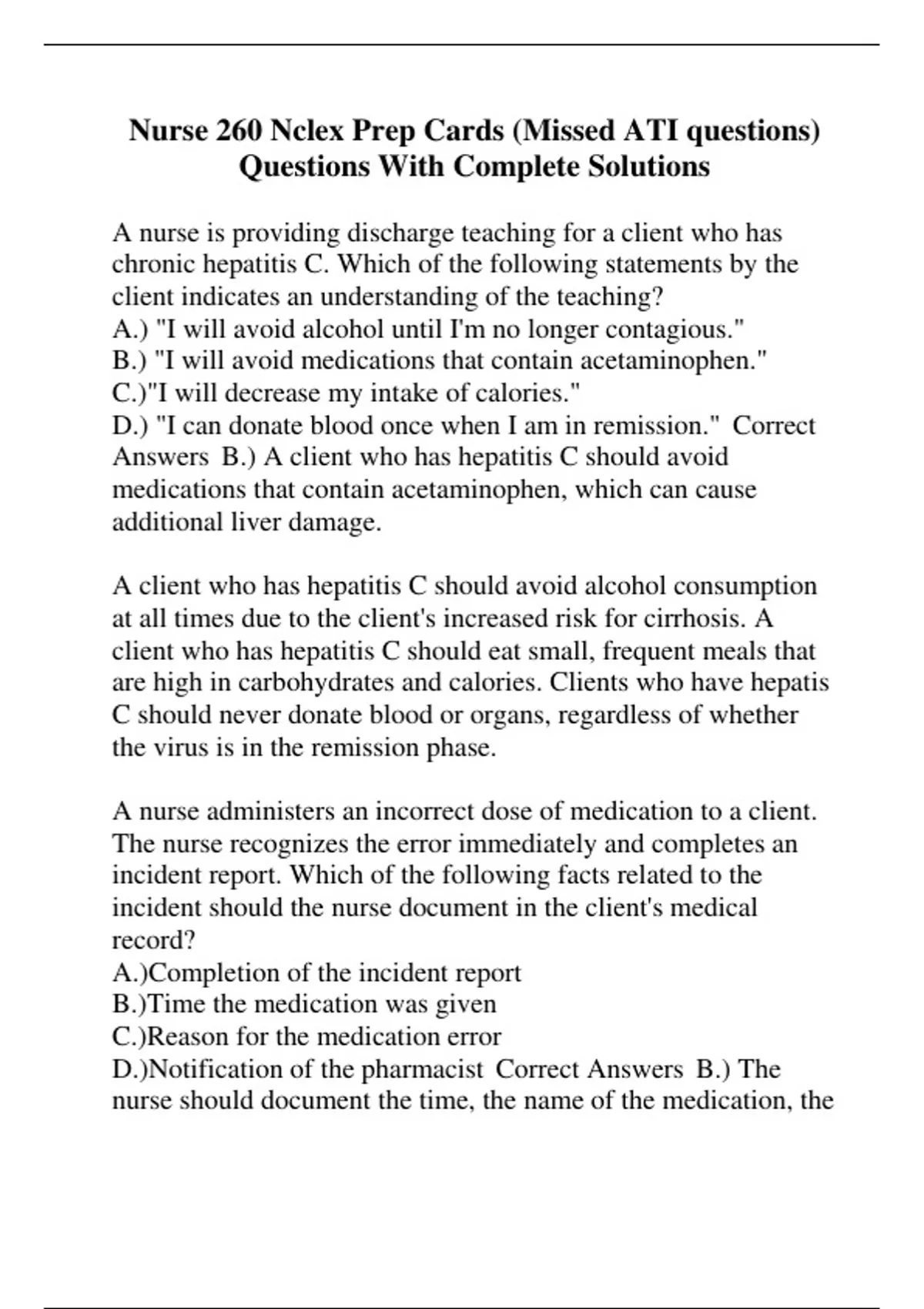 Nurse 260 Nclex Prep Cards (Missed ATI questions) Questions With ...