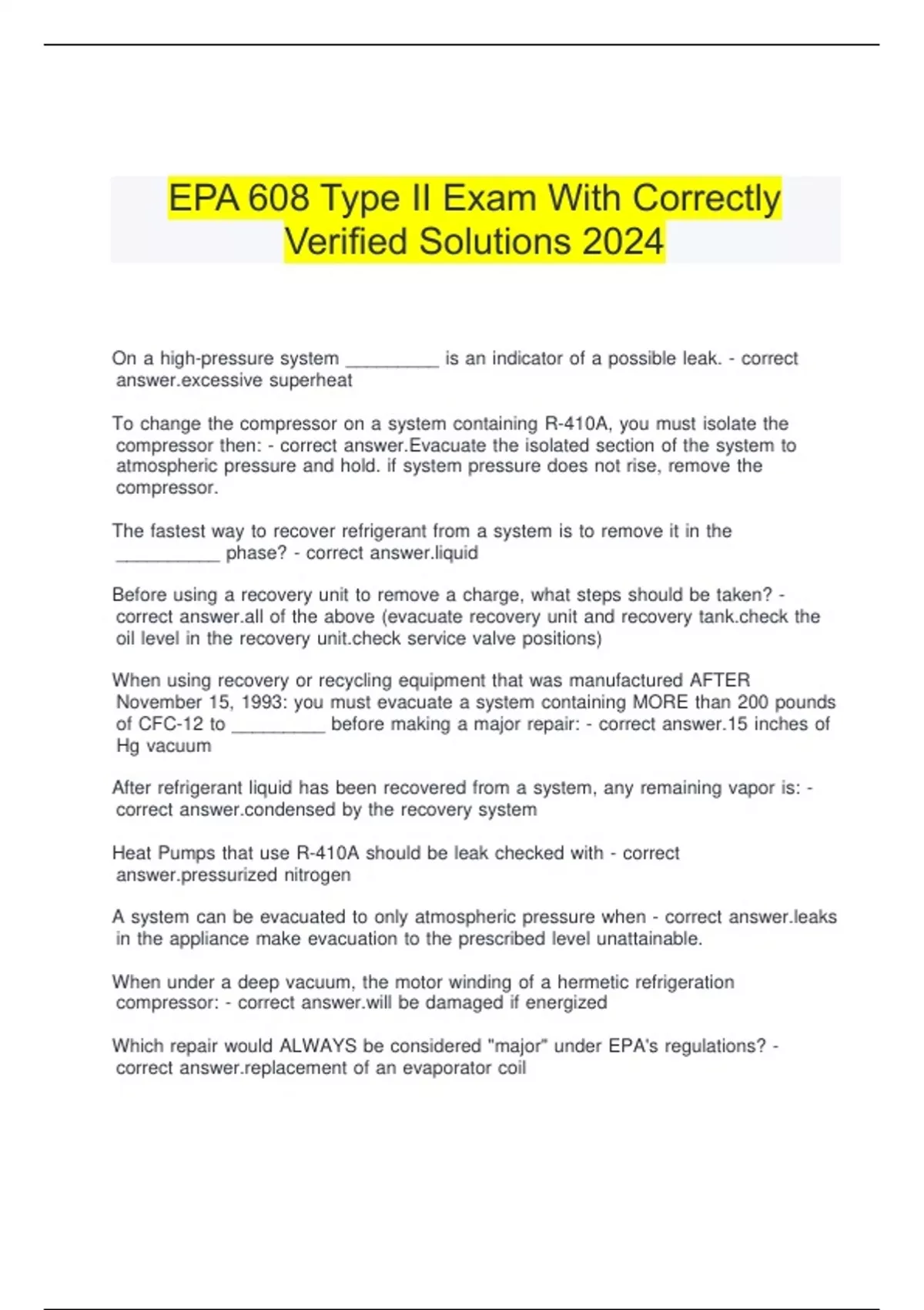 EPA 608 Type II Exam With Correctly Verified Solutions 2024 - EPA 608 ...