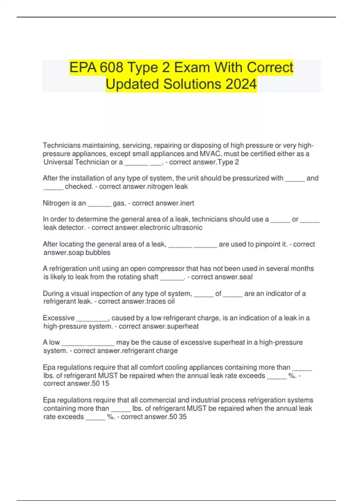 EPA 608 Type 2 Exam With Correct Updated Solutions 2024 - EPA 608 Type ...