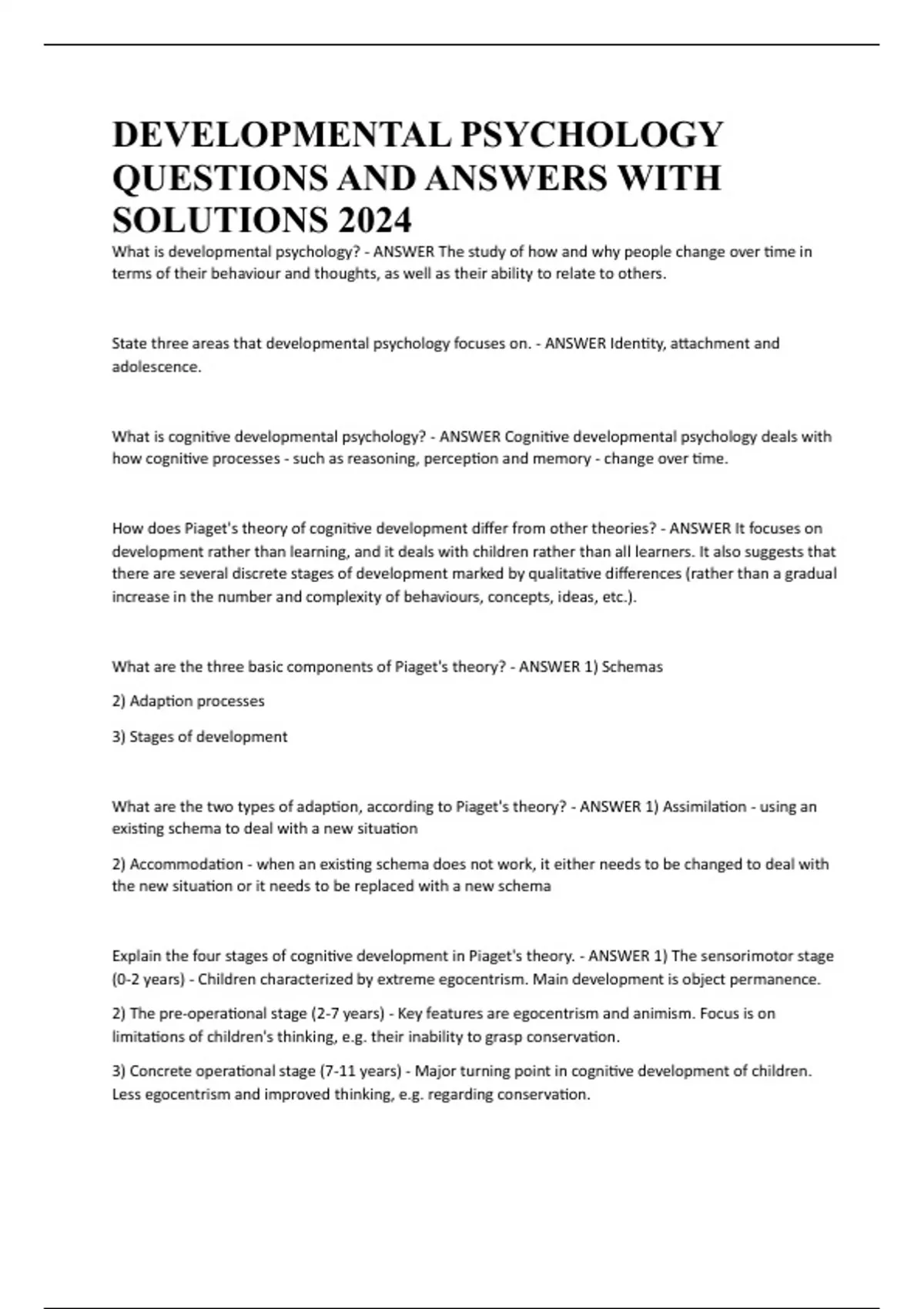 DEVELOPMENTAL PSYCHOLOGY QUESTIONS AND ANSWERS WITH SOLUTIONS 2024 ...