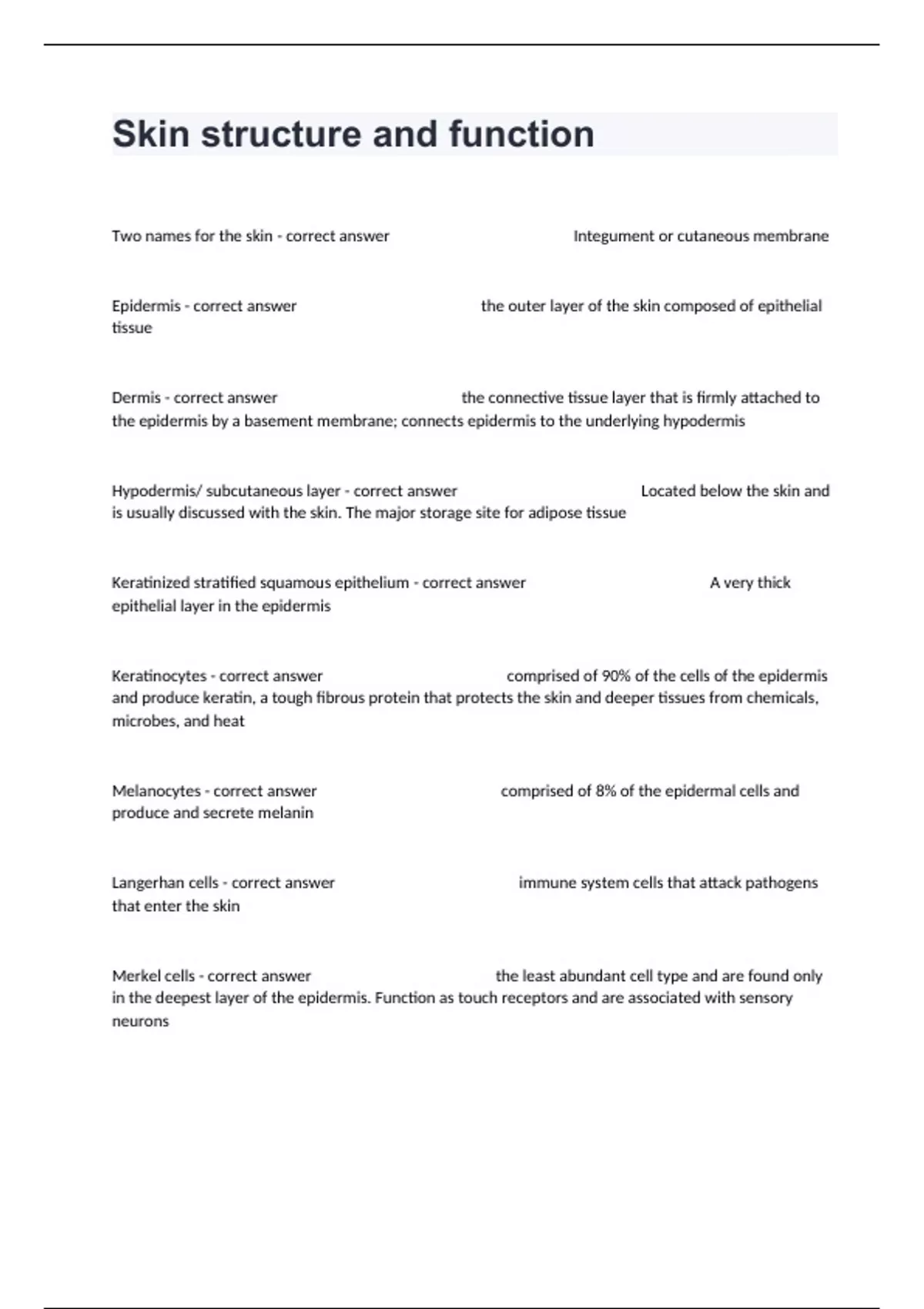 Skin structure and function Practice Guide With Questions And Accurate ...