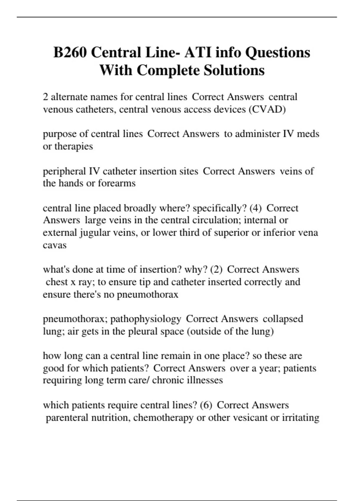 B260 Central Line- ATI info Questions With Complete Solutions - B260 - Stuvia US