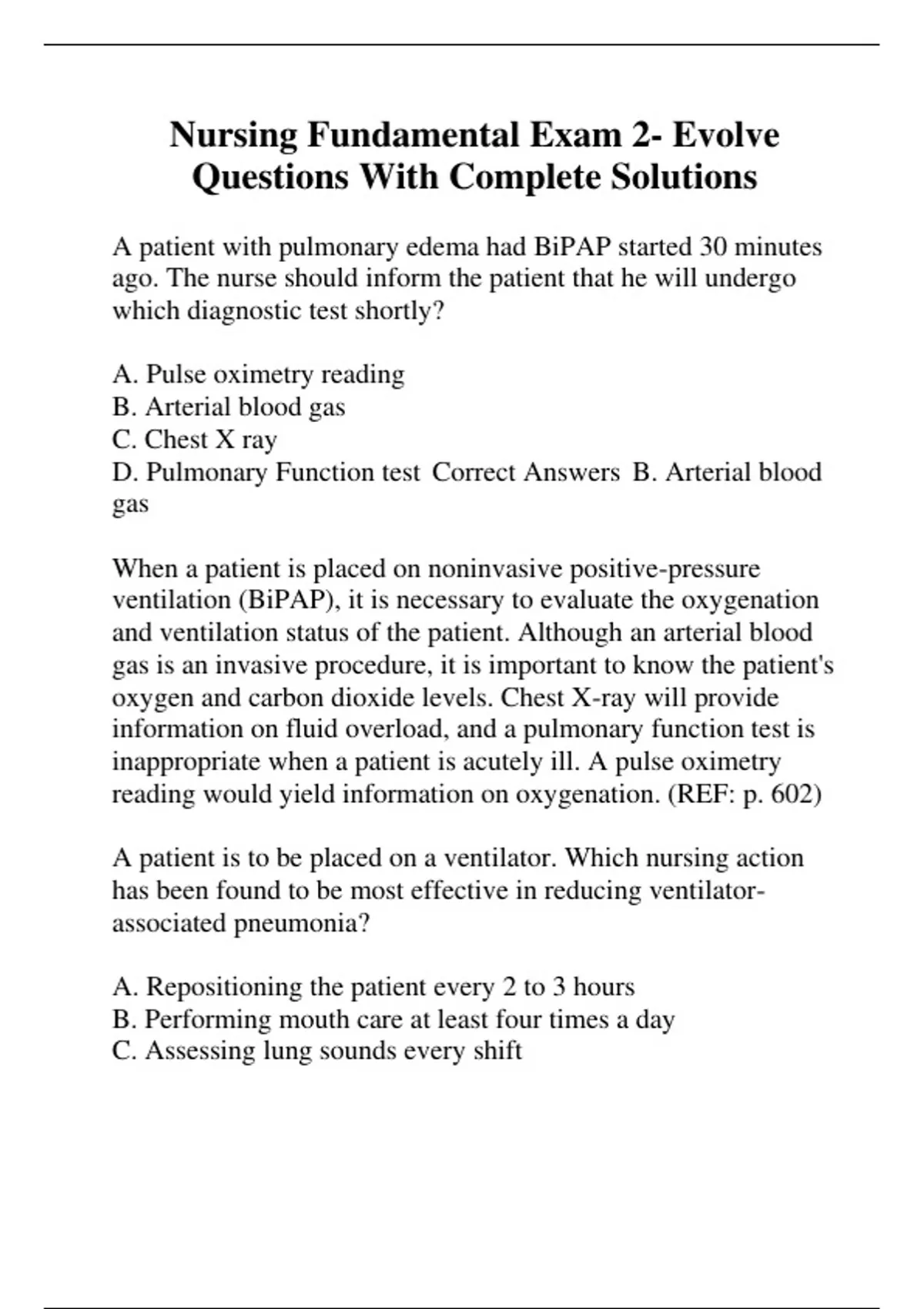 Nursing Fundamental Exam 2 Evolve Questions With Complete Solutions Nursing Fundamentals
