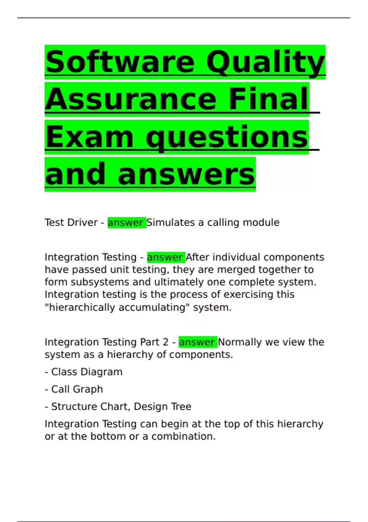 Software Quality Assurance Final Exam questions and answers - Software ...