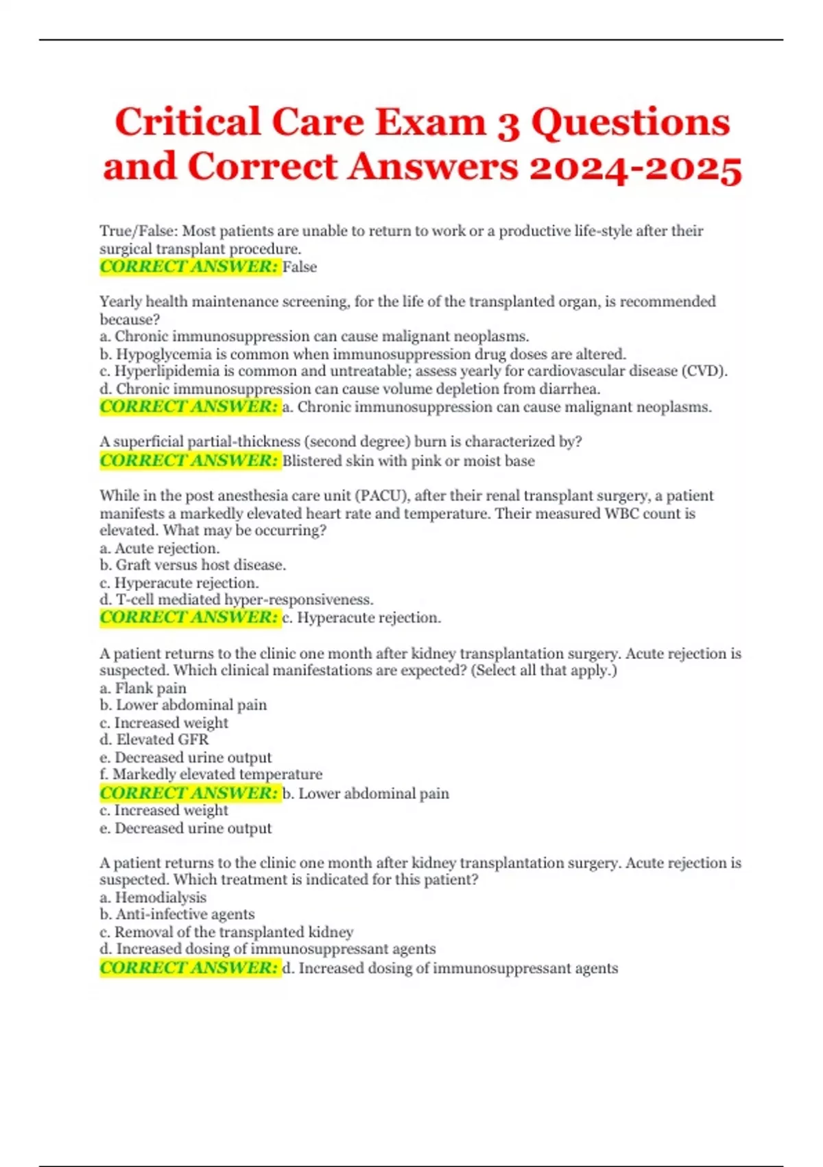 Critical Care Exam 3 Questions and Correct Answers - Critical care ...