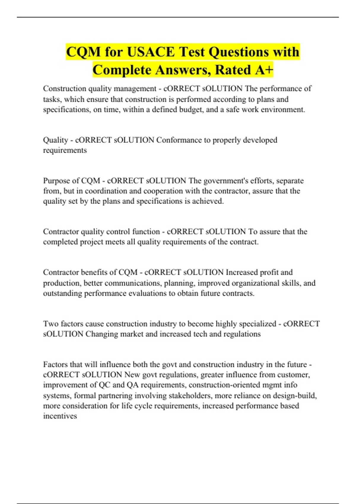 CQM for USACE Test Questions with Complete Answers, Rated A+ - CQM for ...