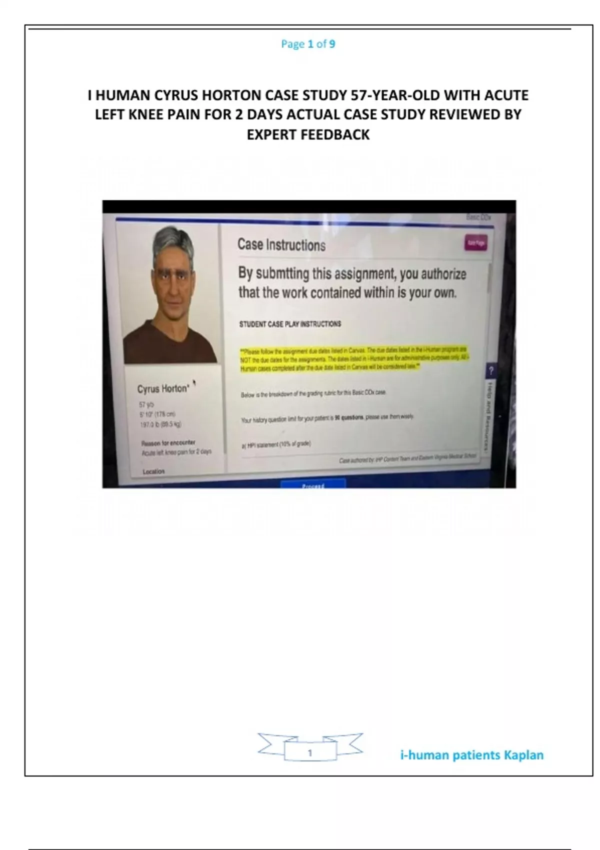 I HUMAN CYRUS HORTON CASE STUDY 57-YEAR-OLD WITH ACUTE LEFT KNEE PAIN ...