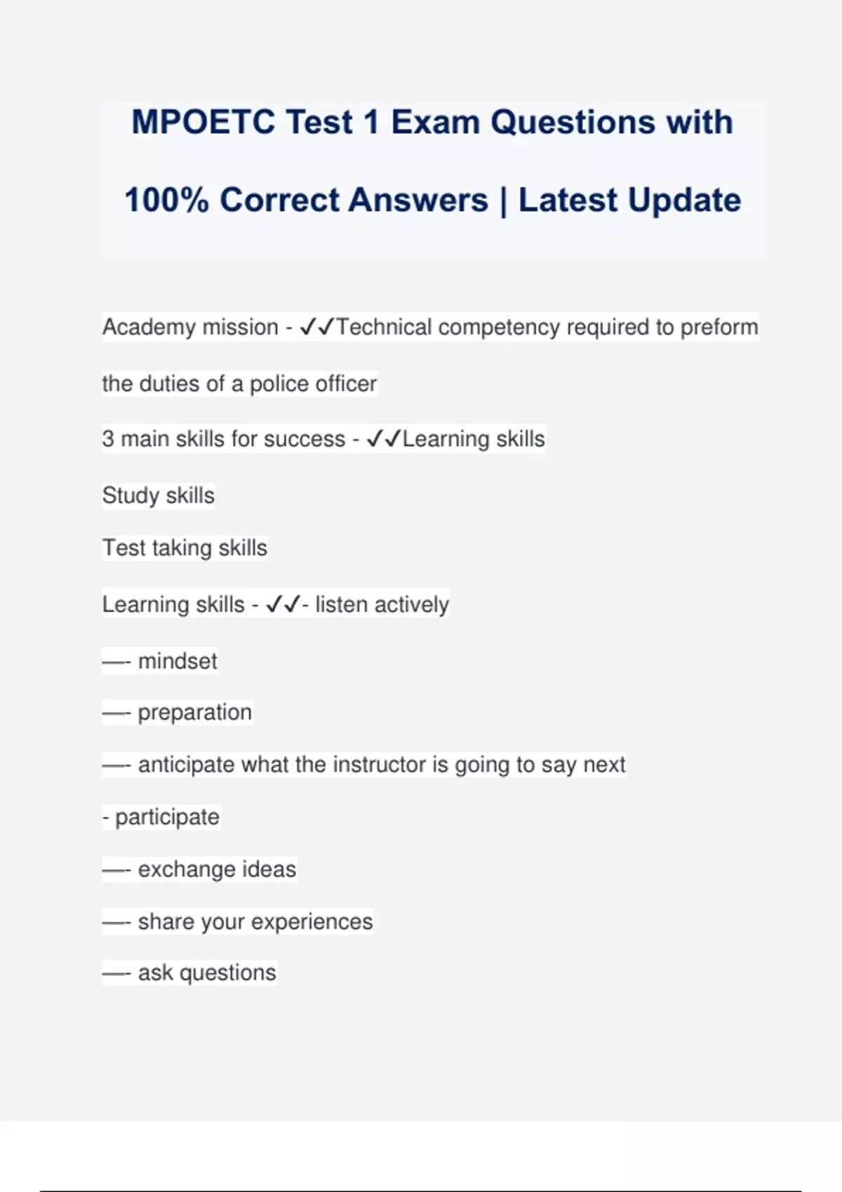 MPOETC Test 1 Exam Questions with 100% Correct Answers | Latest Update ...