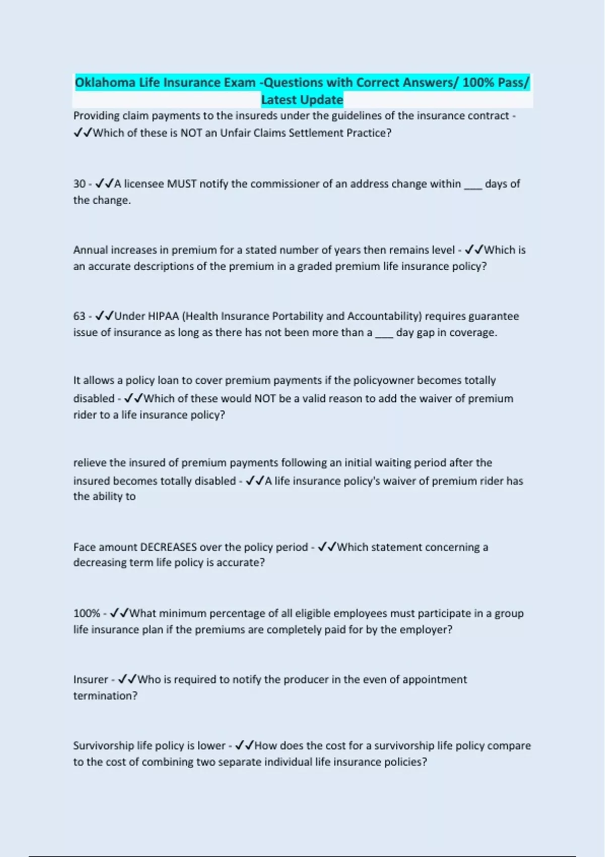 Oklahoma Life Insurance Exam -Questions with Correct Answers/ 100% Pass ...