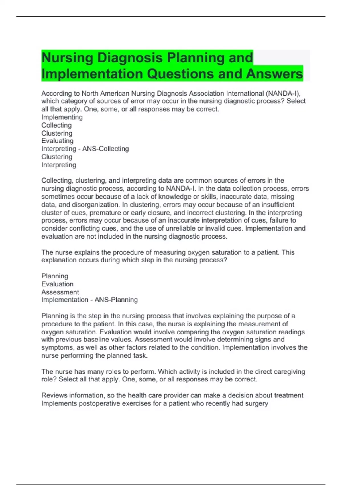 Nursing Diagnosis Planning and Implementation Questions and Answers ...