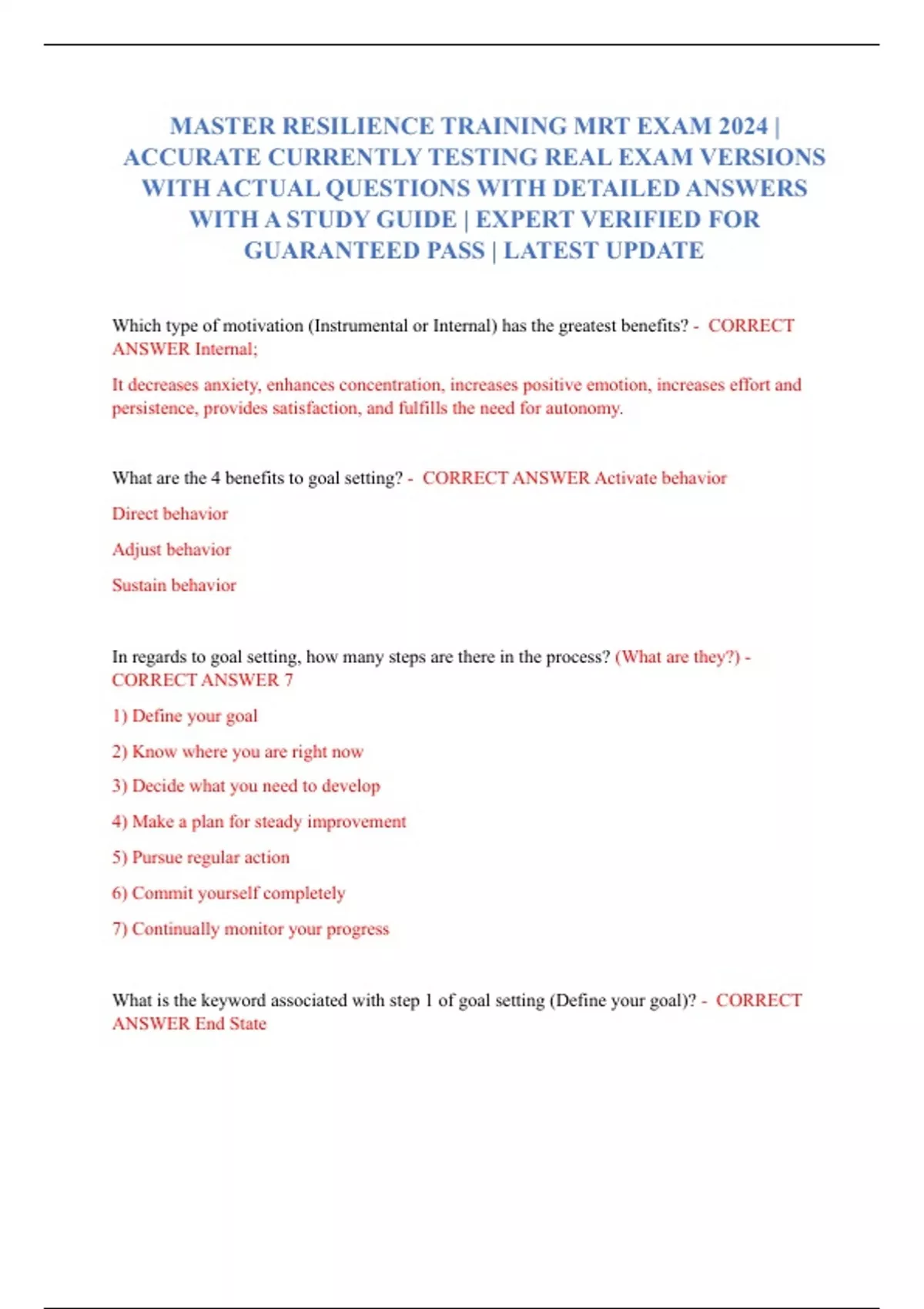 MASTER RESILIENCE TRAINING MRT EXAM 2024 | ACCURATE CURRENTLY TESTING ...