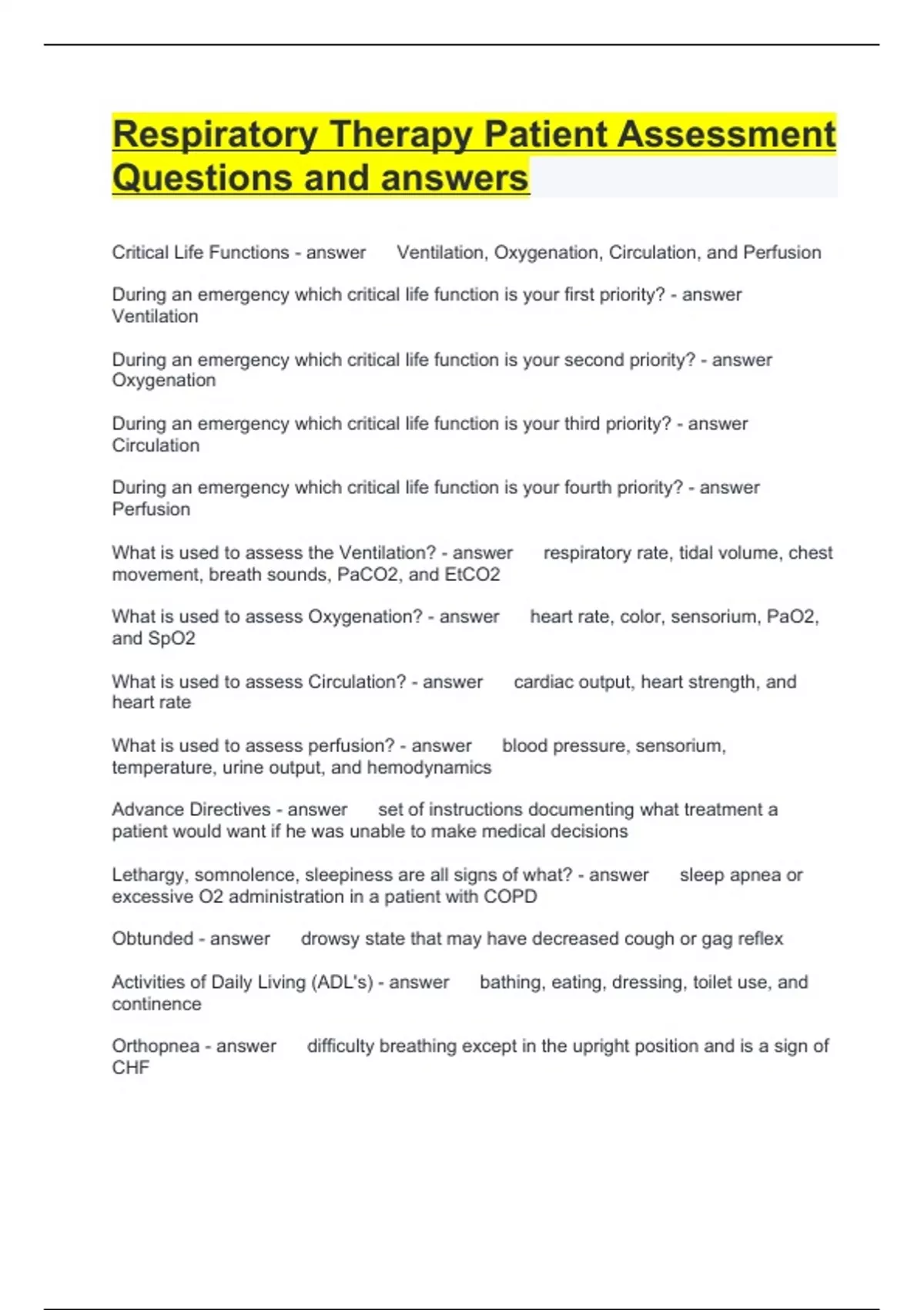 Respiratory Therapy Patient Assessment Questions and answers ...