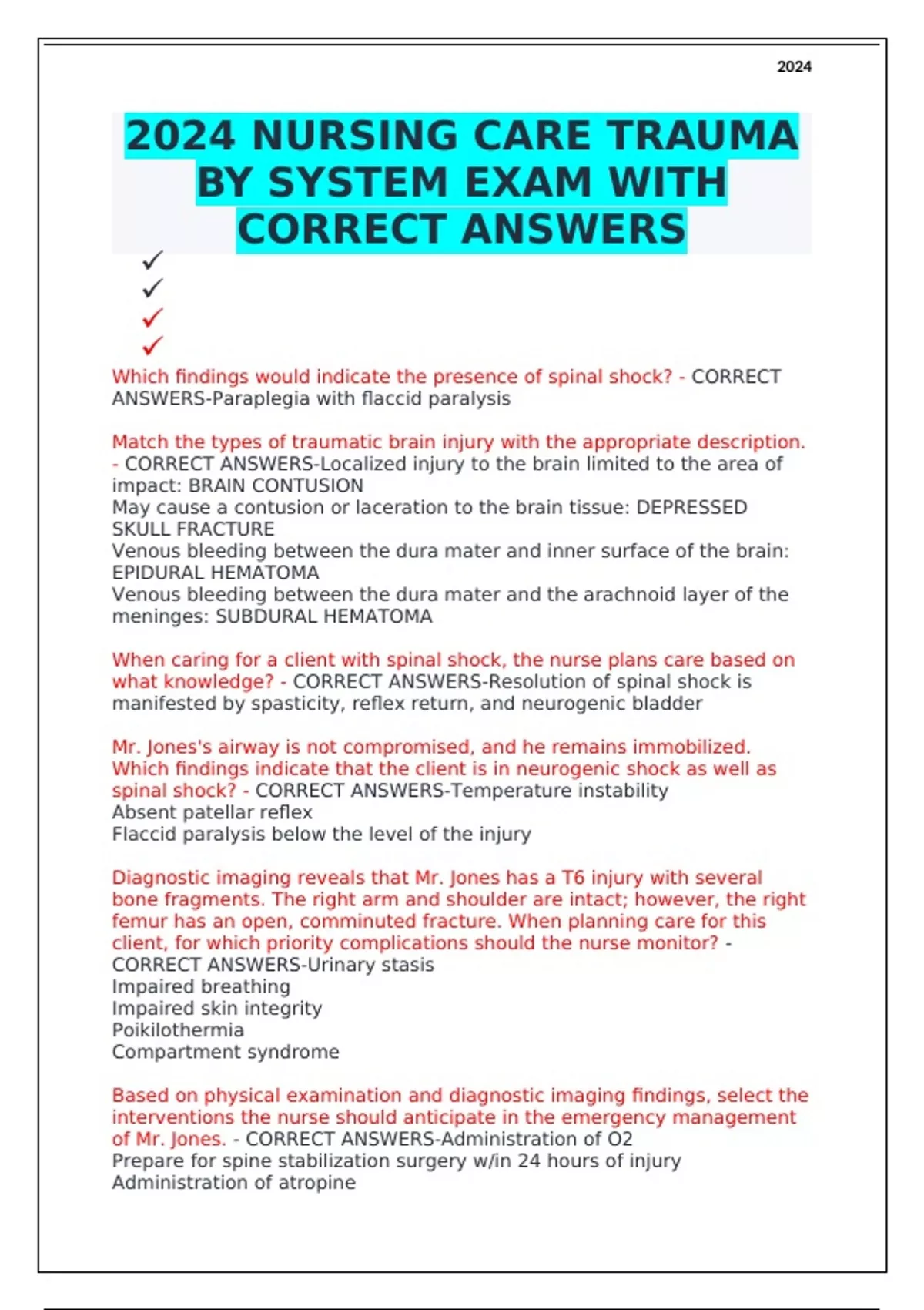2024 NURSING CARE TRAUMA BY SYSTEM EXAM WITH CORRECT ANSWERS - NURSING ...