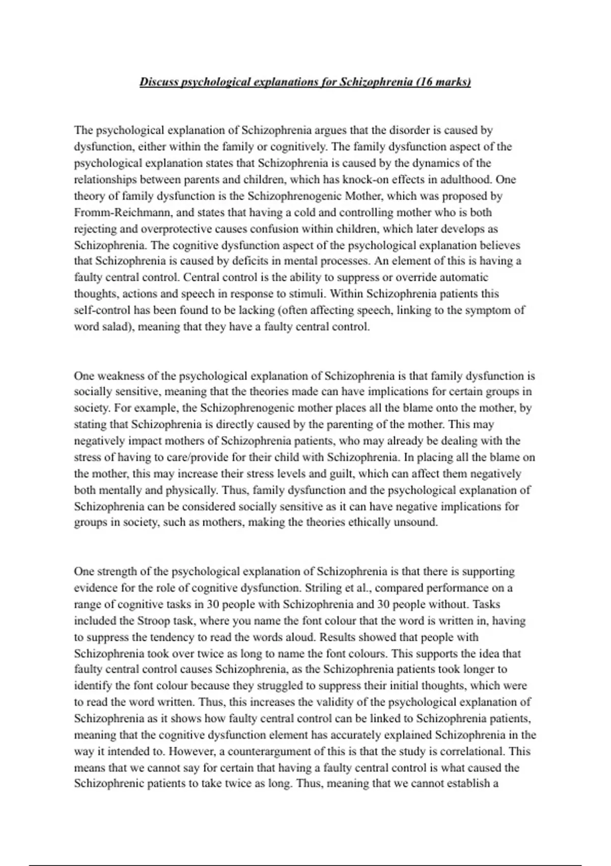 Psychological explanation of Schizophrenia 16 marker - Schizophrenia ...