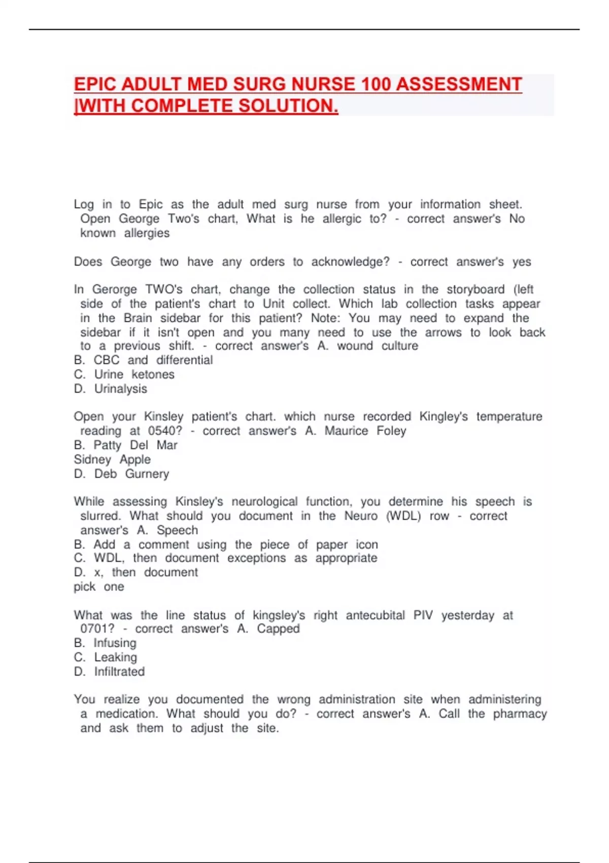 EPIC ADULT MED SURG NURSE 100 ASSESSMENT |WITH COMPLETE SOLUTION ...