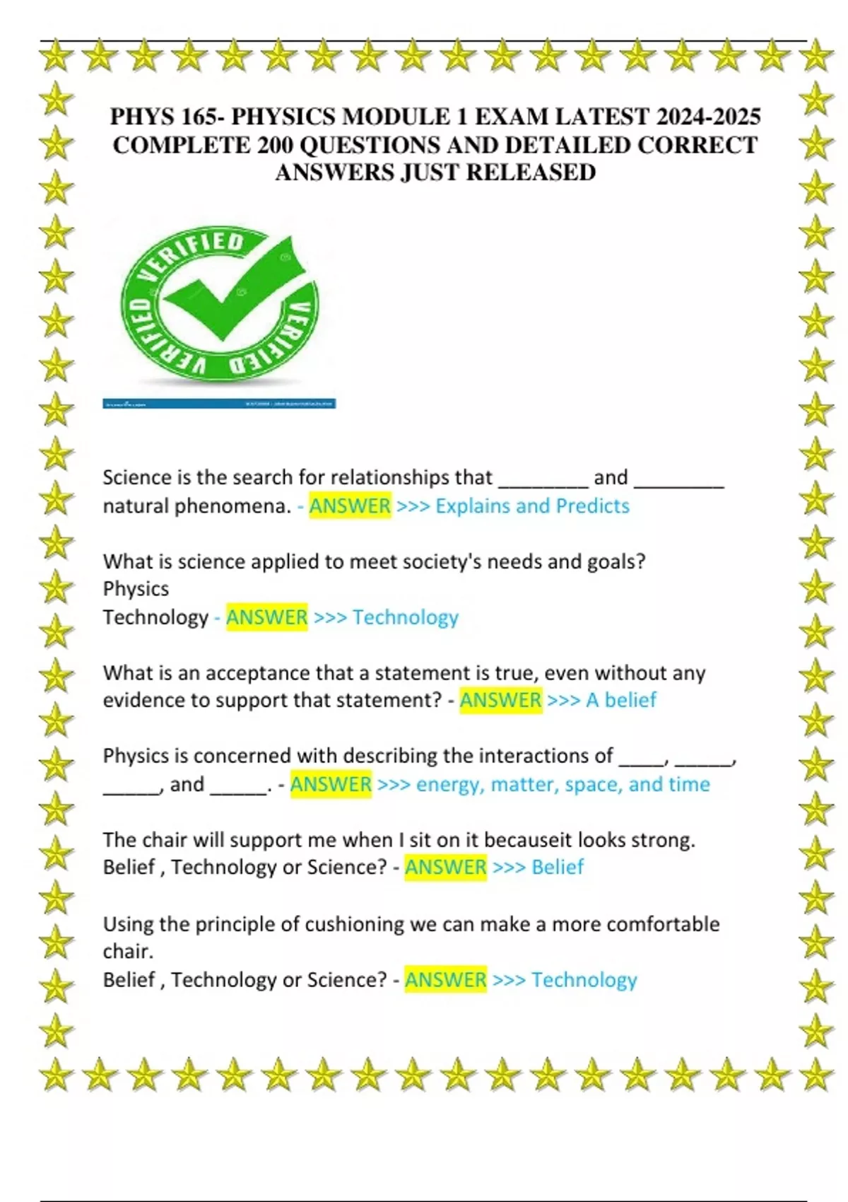PHYS 165- PHYSICS MODULE 1 EXAM LATEST COMPLETE 200 QUESTIONS AND ...