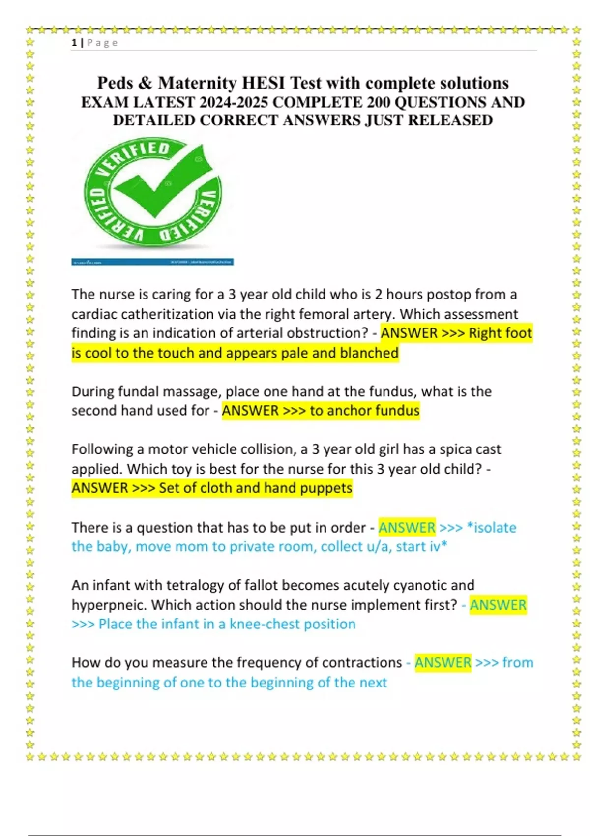 Peds & Maternity HESI Test with complete solutions EXAM LATEST COMPLETE ...