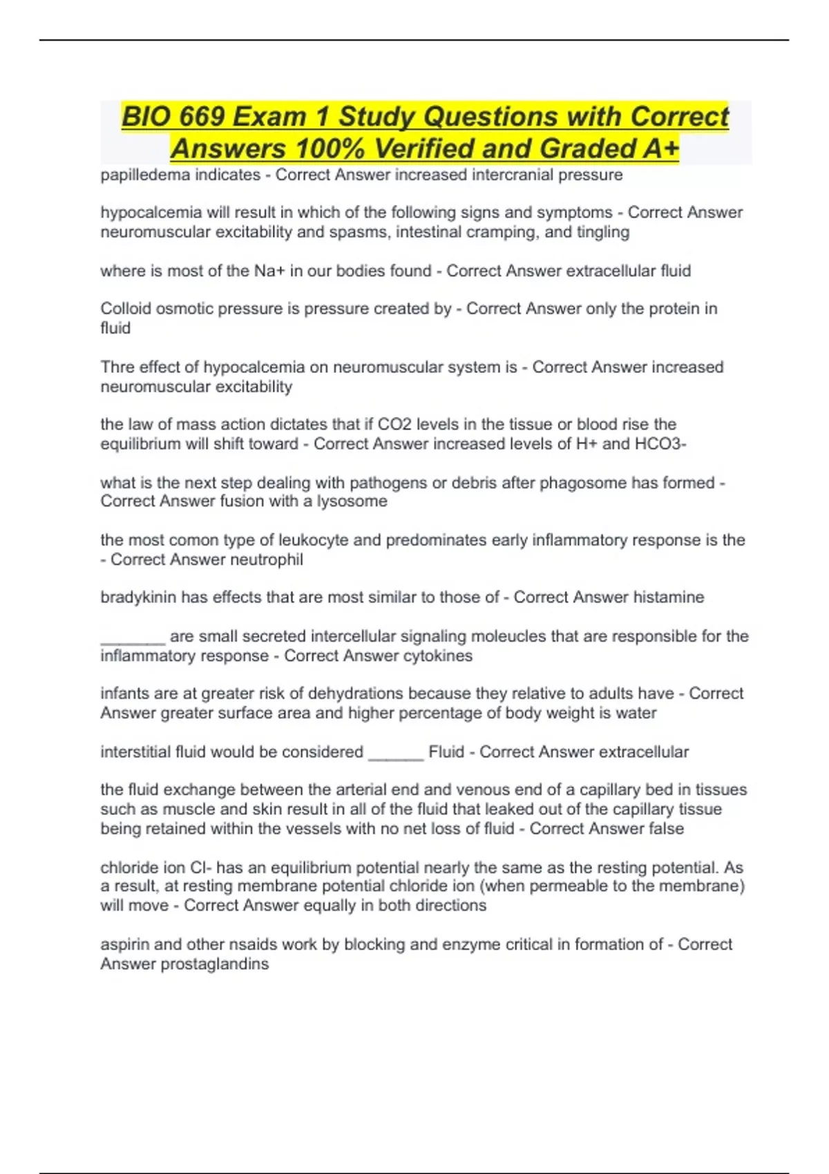 BIO 669 Exam 1 Study Questions with Correct Answers 100% Verified and ...