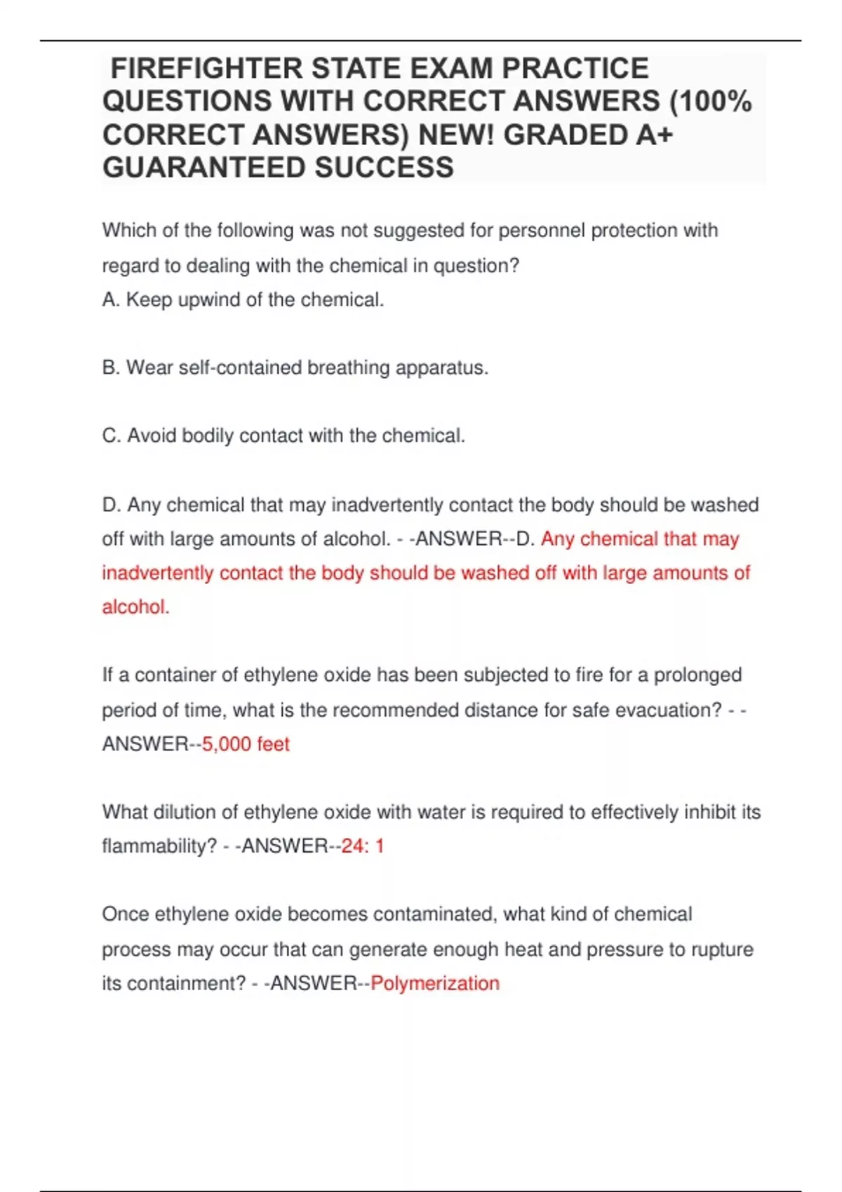 FIREFIGHTER STATE EXAM PRACTICE QUESTIONS WITH CORRECT ANSWERS (100% ...