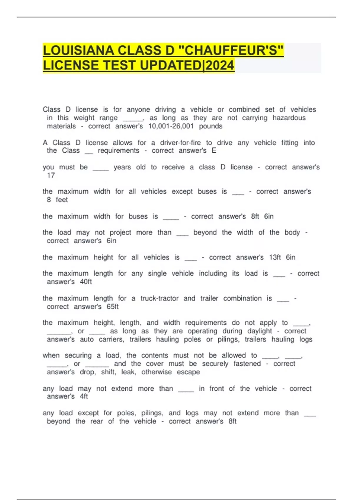 LOUISIANA CLASS D "CHAUFFEUR'S" LICENSE TEST UPDATED|2024 - Louisiana ...