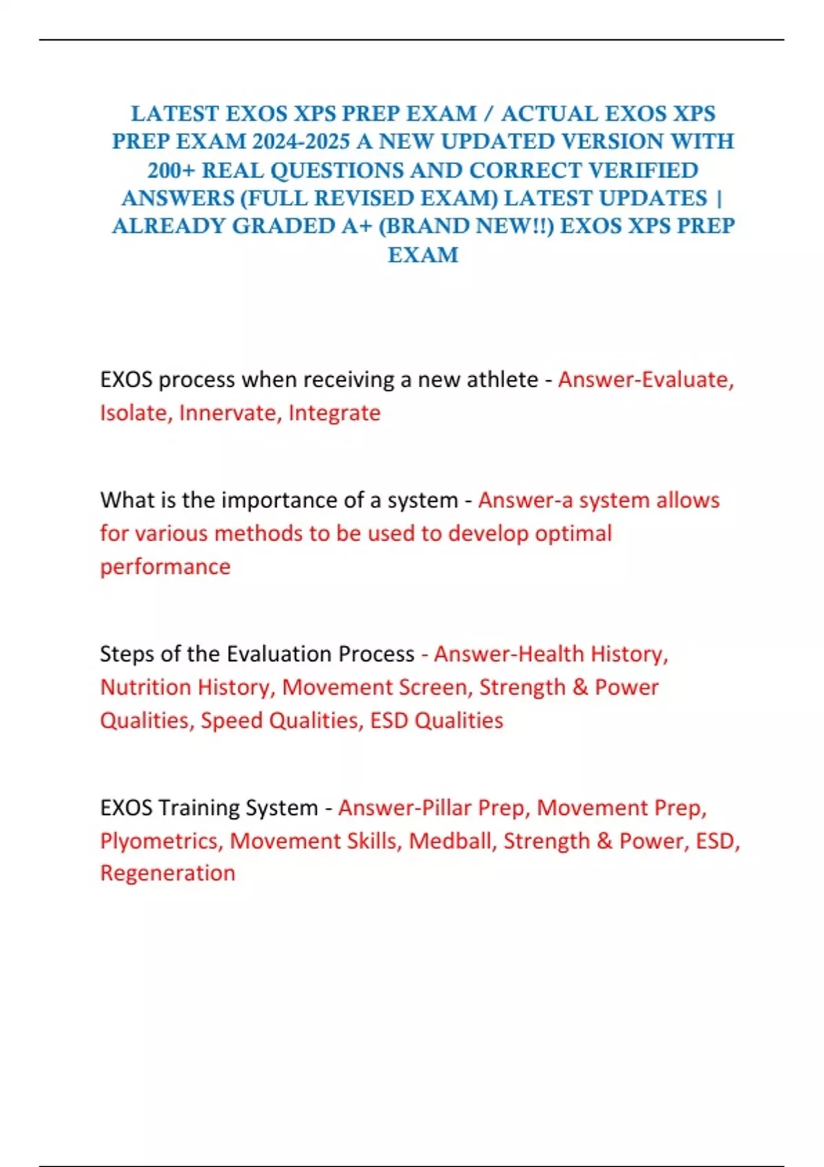 LATEST EXOS XPS PREP EXAM / ACTUAL EXOS XPS PREP EXAM A NEW UPDATED ...