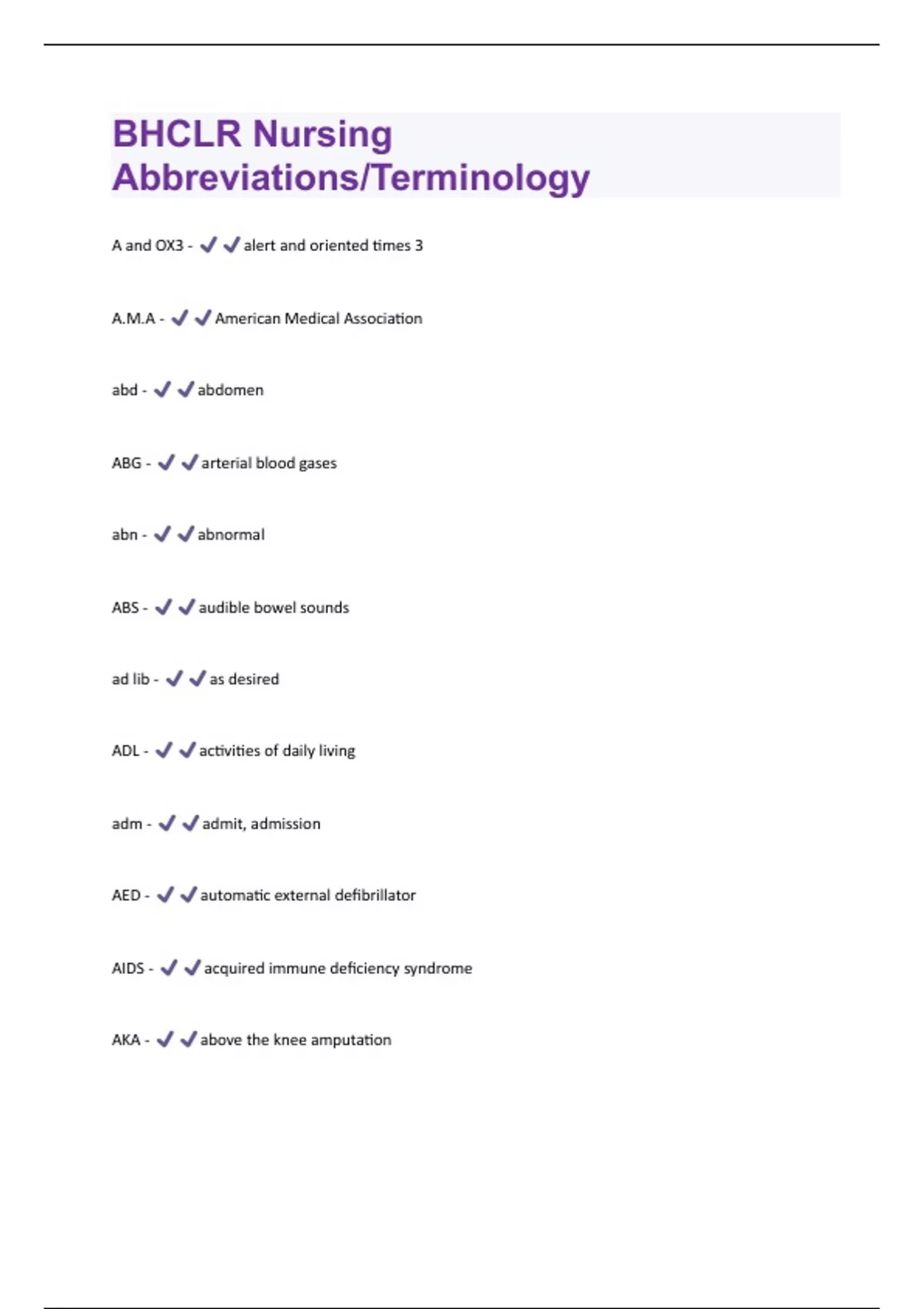 BHCLR Nursing Abbreviations/Terminology 2024/2025 Questions and Answers ...