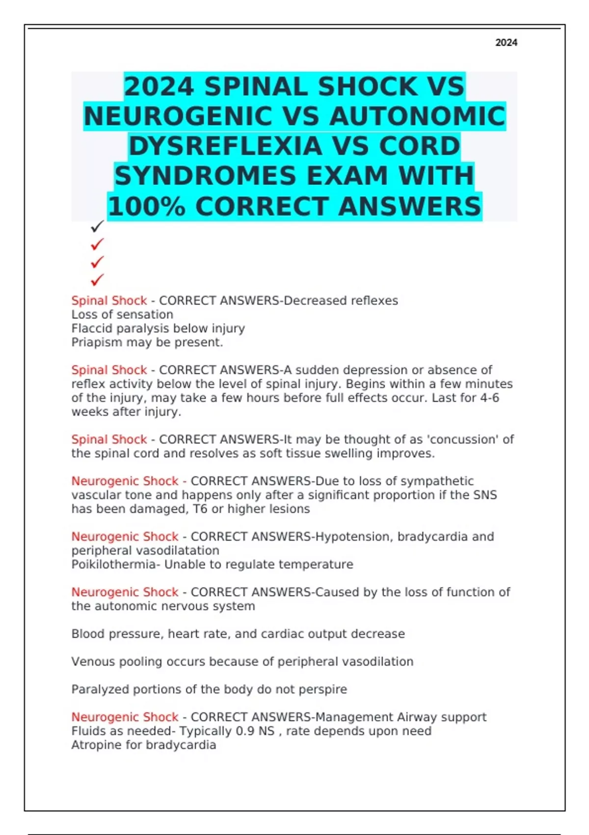 2024 SPINAL SHOCK VS NEUROGENIC VS AUTONOMIC DYSREFLEXIA VS CORD ...
