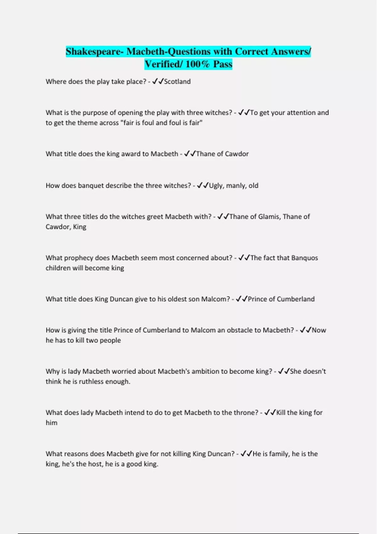 Shakespeare- Macbeth-Questions with Correct Answers/ Verified/ 100% ...