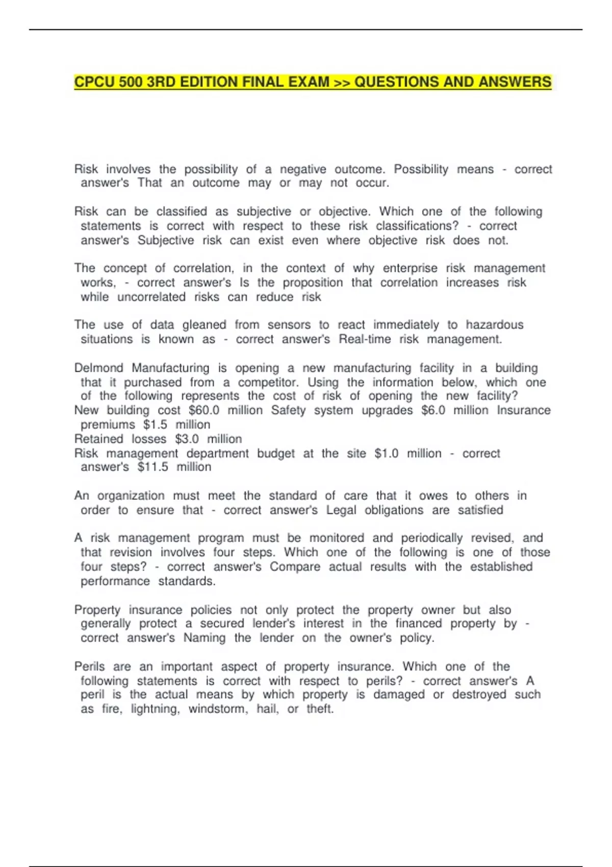 CPCU 500 3RD EDITION FINAL EXAM QUESTIONS AND ANSWERS - CPCU 500 ...