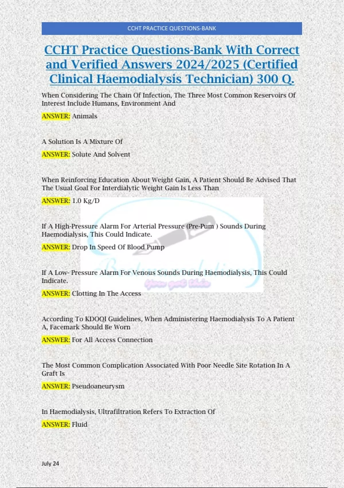 CCHT Practice Questions-Bank With Correct and Verified Answers 2024/ ...