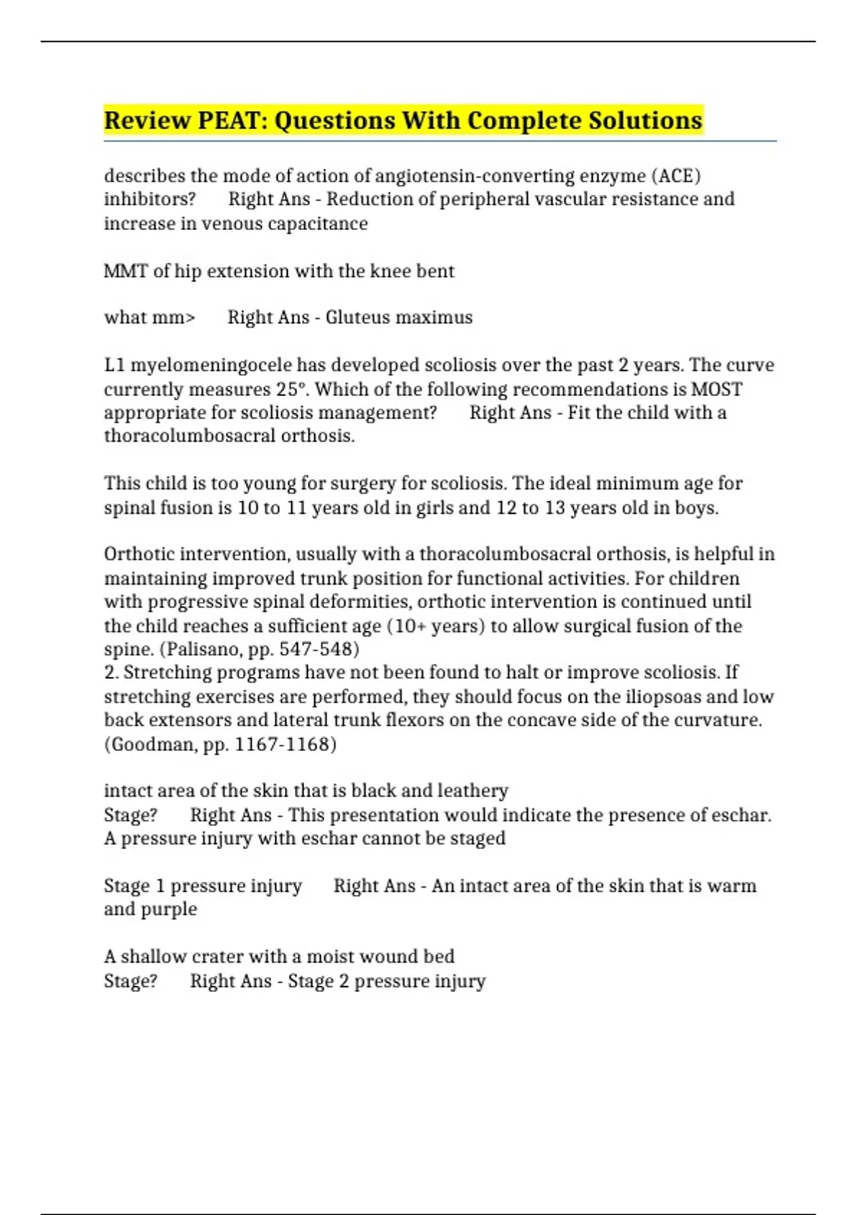 Review PEAT: Questions With Complete Solutions - PEAT - Stuvia US