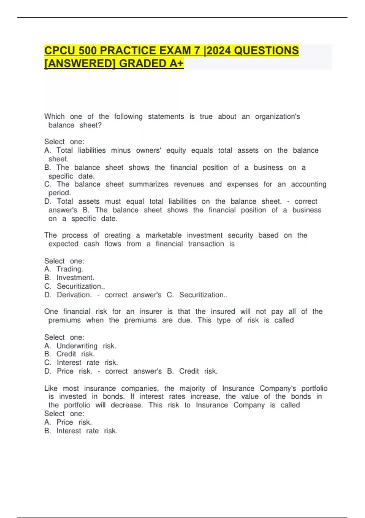 CPCU 500 PRACTICE EXAM 7 |2024 QUESTIONS [ANSWERED] GRADED A+ - CPCU ...