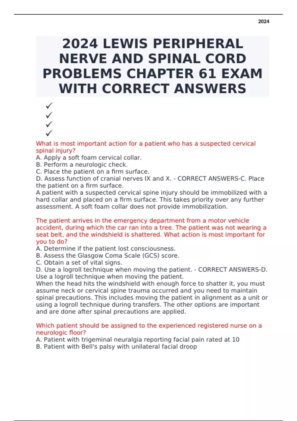 2024 LEWIS PERIPHERAL NERVE AND SPINAL CORD PROBLEMS CHAPTER 61 EXAM WITH CORRECT ANSWERS ...