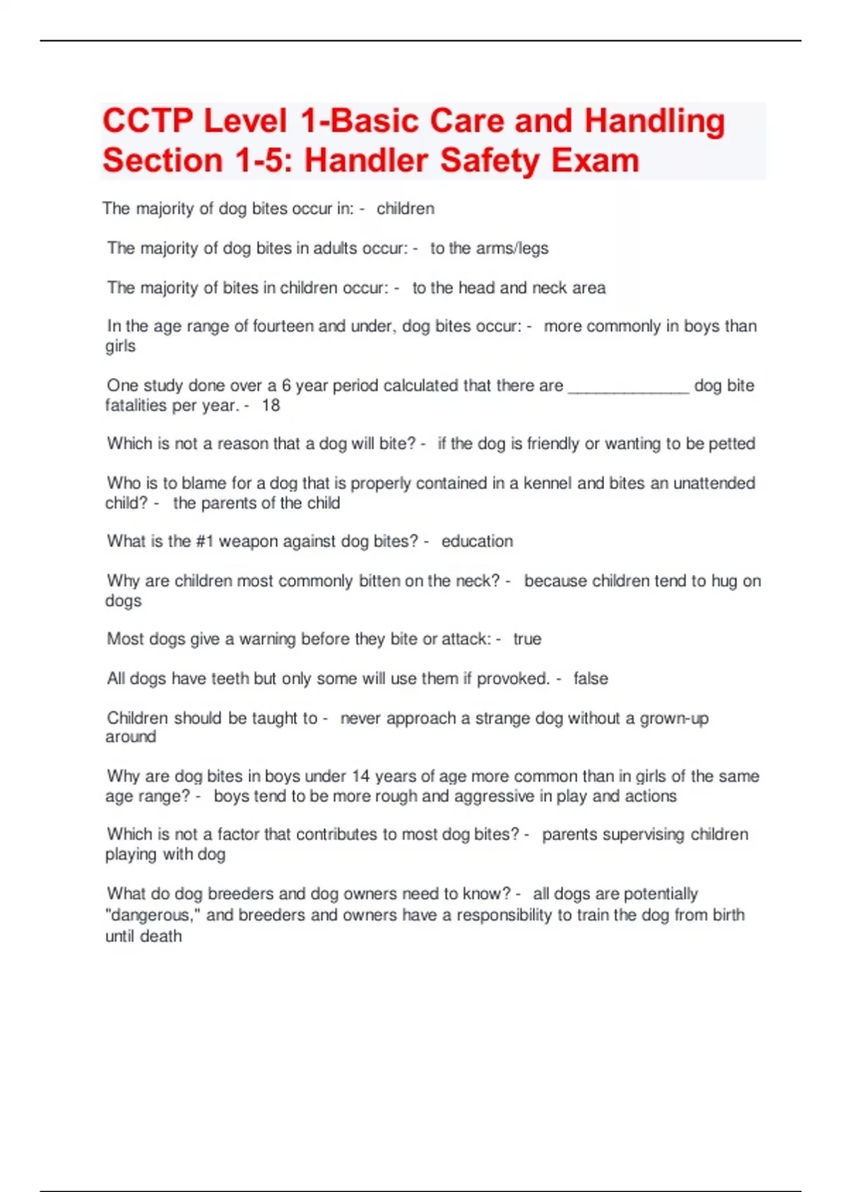 CCTP Level 1-Basic Care and Handling Section 1-5: Handler Safety Exam - CCTP Level 1-Basic Care ...