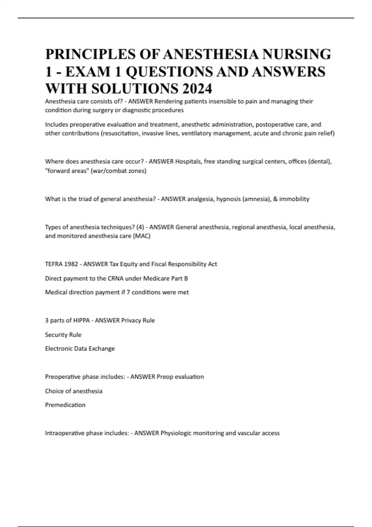 PRINCIPLES OF ANESTHESIA NURSING 1 - EXAM 1 QUESTIONS AND ANSWERS WITH ...