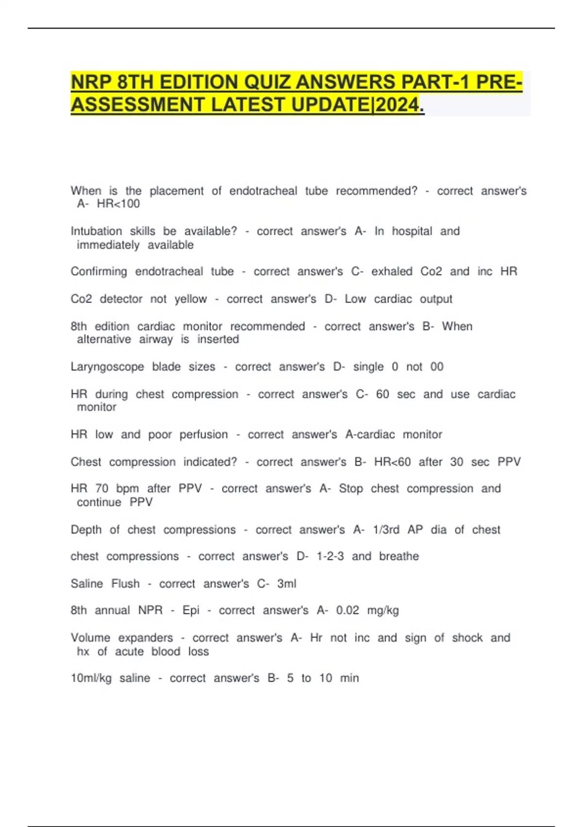 NRP 8TH EDITION QUIZ ANSWERS PART-1 PREASSESSMENT LATEST UPDATE|2024 ...