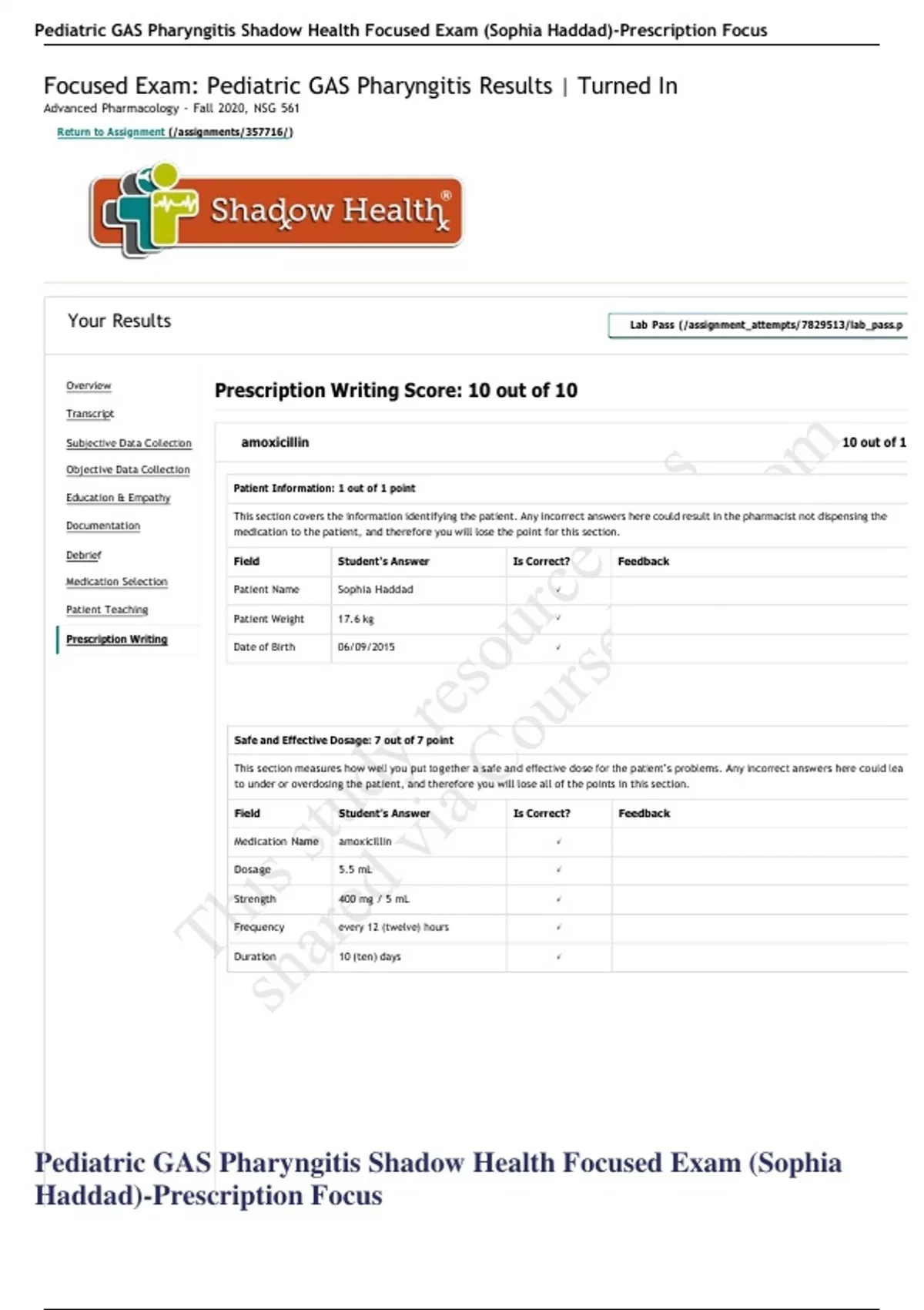 Pediatric GAS Pharyngitis Shadow Health Focused Exam (Sophia Haddad ...