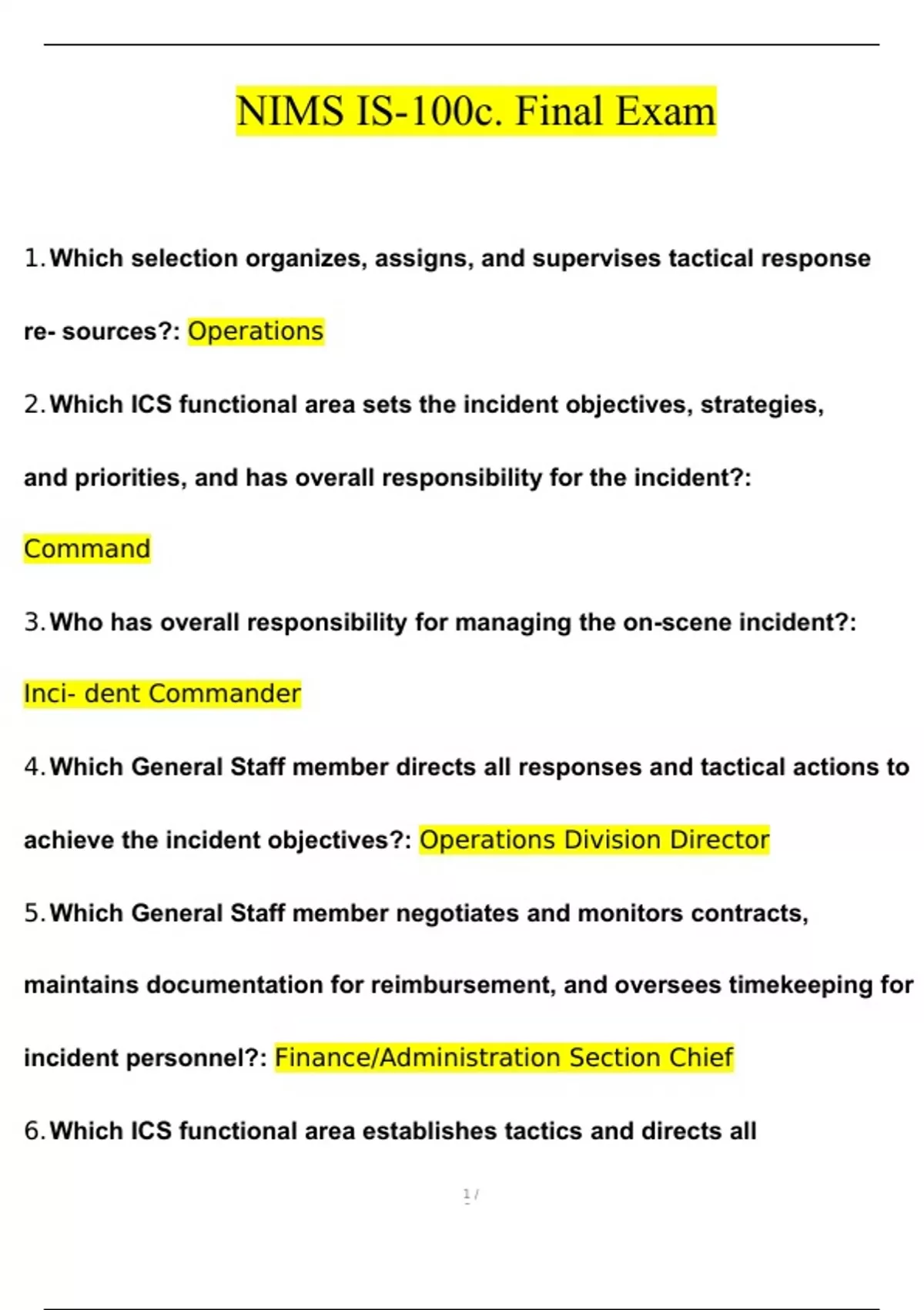 NIMS IS-100c. Final Exam Questions and Answers (2024 / 2025) (Verified ...