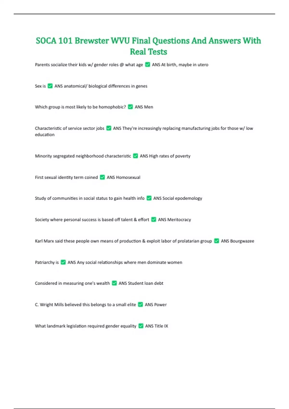 SOCA 101 Brewster WVU Final Questions And Answers With Real Tests ...