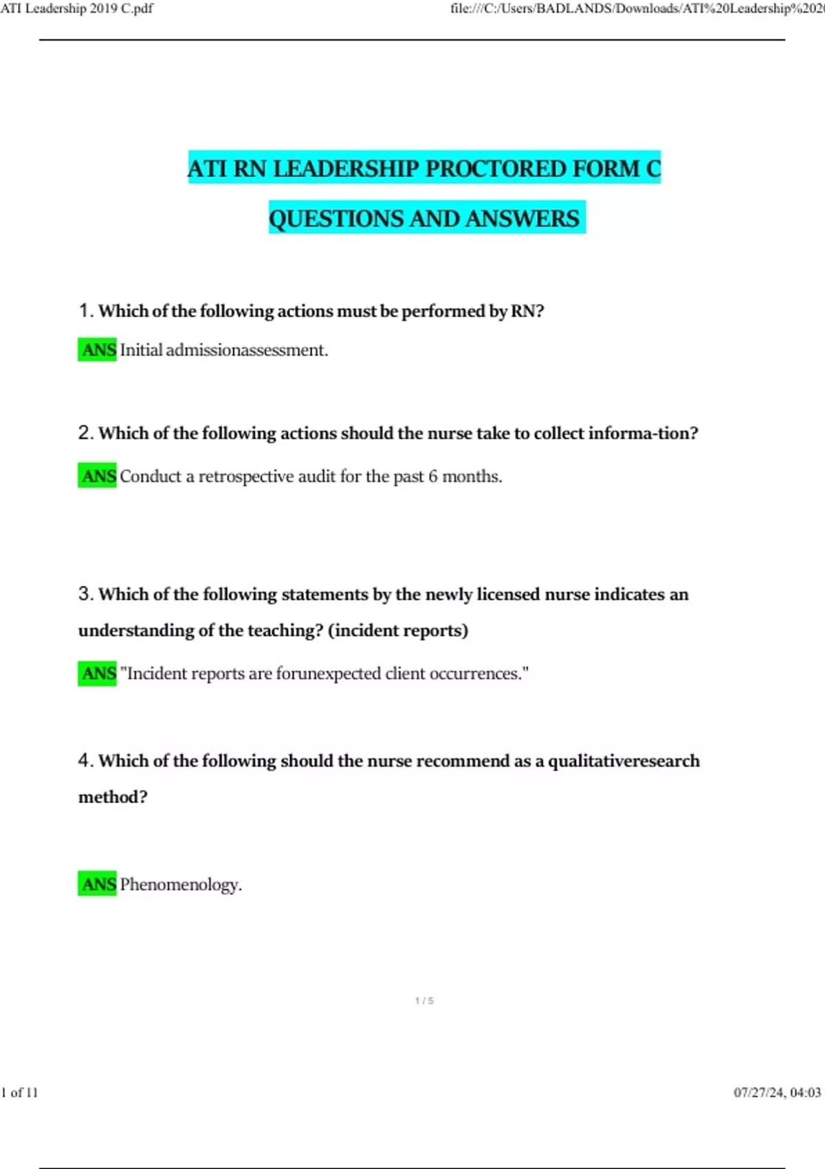 ATI RN LEADERSHIP PROCTORED FORM C Questions and Answers| 100% Correct ...