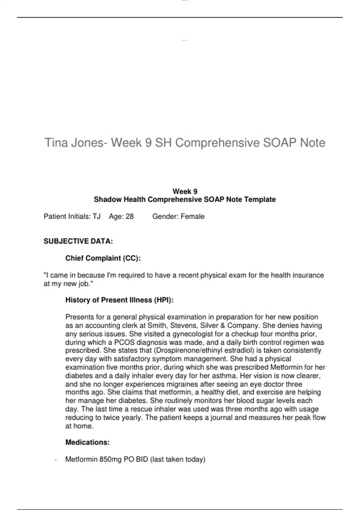 Week 9 Shadow Health Comprehensive SOAP Note Template - Solution - Stuvia US