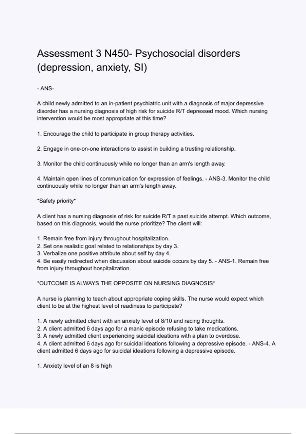 Assessment 3 N450- Psychosocial disorders (depression, anxiety, SI ...