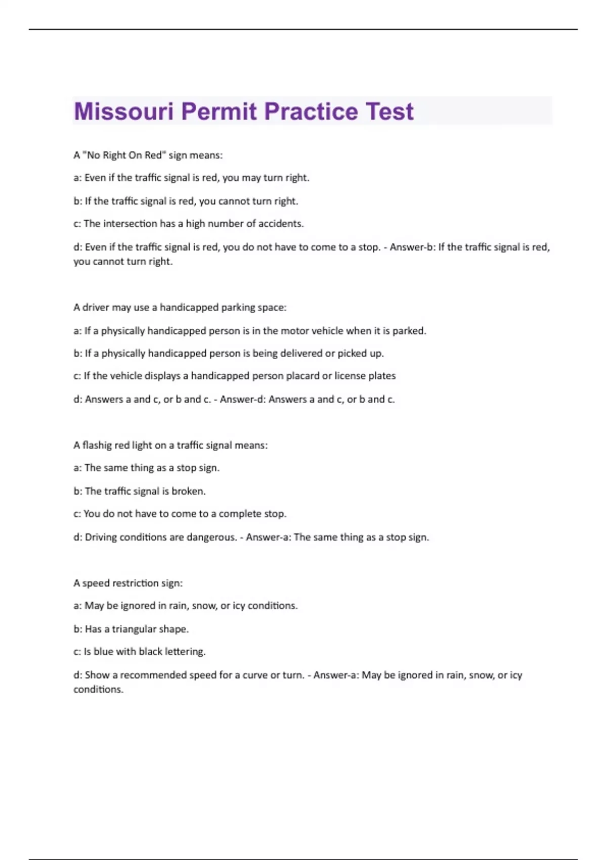 Missouri Permit Practice Test Updated 2024/2025 Actual Questions and ...