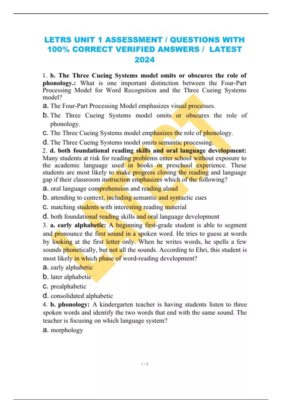LETRS UNIT 1 ASSESSMENT QUESTIONS WITH 100% CORRECT VERIFIED ANSWERS ...