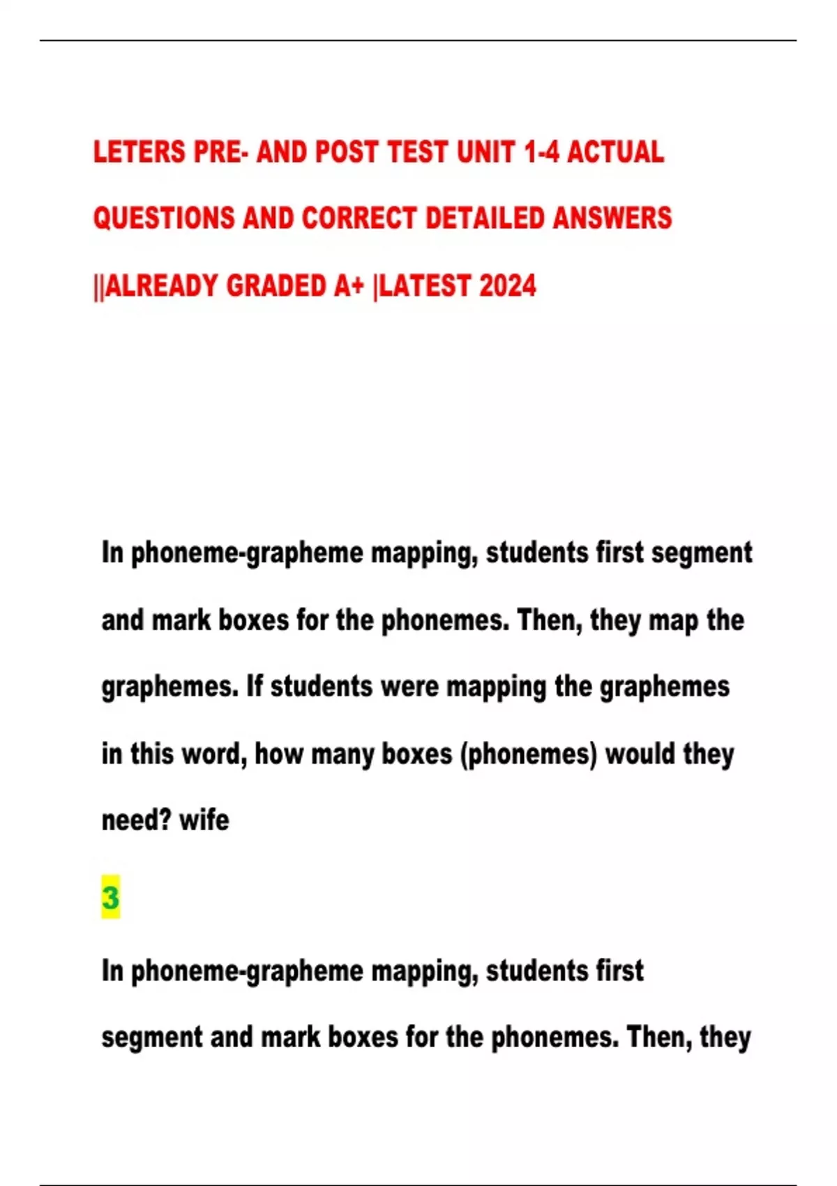 LETERS PRE- AND POST TEST UNIT 1-4 ACTUAL QUESTIONS AND CORRECT ...