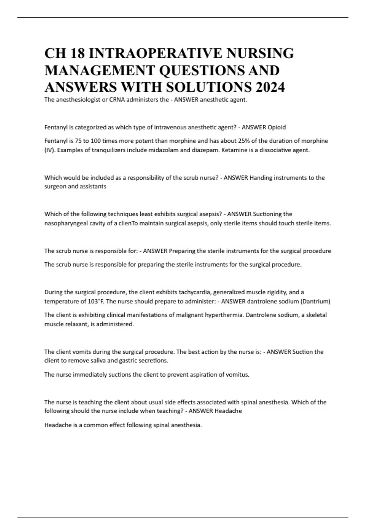 CH 18 INTRAOPERATIVE NURSING MANAGEMENT QUESTIONS AND ANSWERS WITH ...